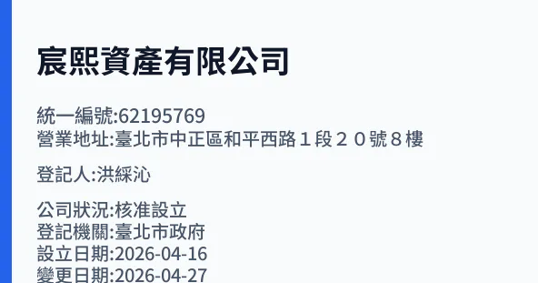 宸熙資產有限公司的照片-統編 62195769(臺北市) 公司登記資料與營業項目詳細圖表