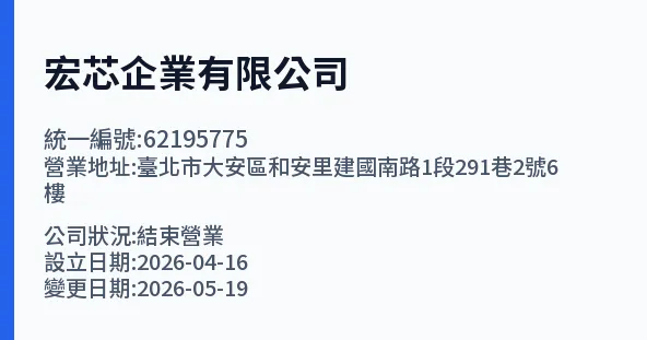 宏芯企業有限公司的照片-統編 62195775(臺北市) 公司登記資料與營業項目詳細圖表