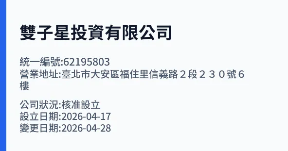 雙子星投資有限公司的照片-統編 62195803(臺北市) 公司登記資料與營業項目詳細圖表