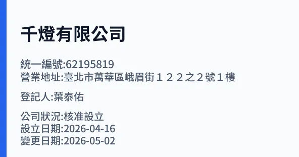 千燈有限公司的照片-統編 62195819(臺北市) 公司登記資料與營業項目詳細圖表