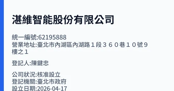 湛維智能股份有限公司的照片-統編 62195888(臺北市) 公司登記資料與營業項目詳細圖表