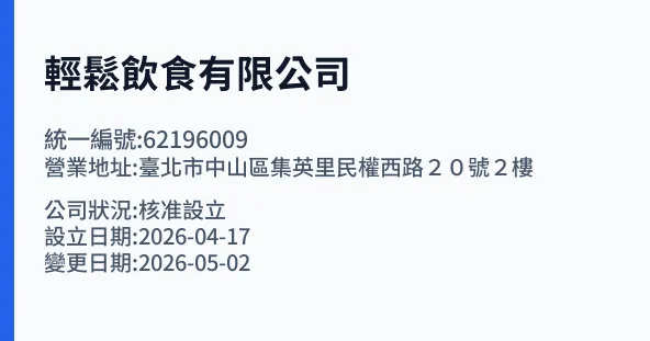 輕鬆飲食有限公司的照片-統編 62196009(臺北市) 公司登記資料與營業項目詳細圖表