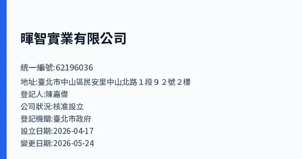 暉智實業有限公司的照片-統編 62196036(臺北市) 公司登記資料與營業項目詳細圖表