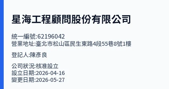 星海工程顧問股份有限公司的照片-統編 62196042(臺北市) 公司登記資料與營業項目詳細圖表