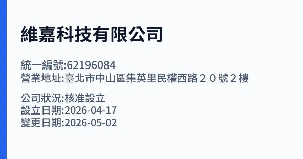 維嘉科技有限公司的照片-統編 62196084(臺北市) 公司登記資料與營業項目詳細圖表