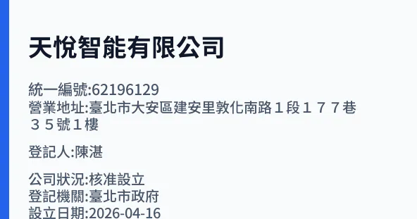 天悅智能有限公司的照片-統編 62196129(臺北市) 公司登記資料與營業項目詳細圖表