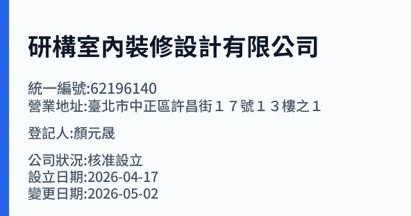研構室內裝修設計有限公司的照片-統編 62196140(臺北市) 公司登記資料與營業項目詳細圖表