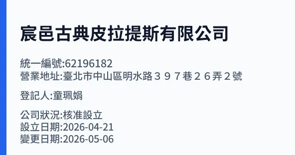 宸邑古典皮拉提斯有限公司的照片-統編 62196182(臺北市) 公司登記資料與營業項目詳細圖表