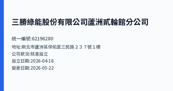 三勝綠能股份有限公司蘆洲貳輪館分公司的照片-統編 62196280(新北市) 公司登記資料與營業項目詳細圖表