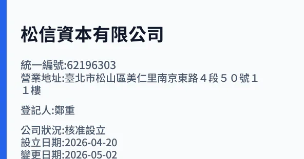 松信資本有限公司的照片-統編 62196303(臺北市) 公司登記資料與營業項目詳細圖表