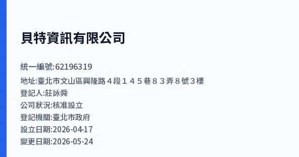 貝特資訊有限公司的照片-統編 62196319(臺北市) 公司登記資料與營業項目詳細圖表