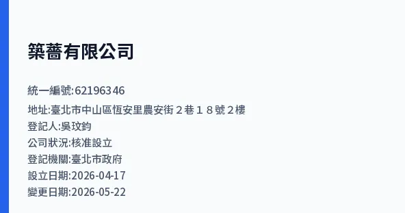 築薔有限公司的照片-統編 62196346(臺北市) 公司登記資料與營業項目詳細圖表