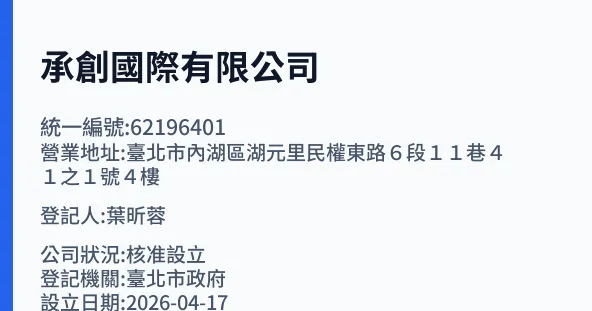 承創國際有限公司的照片-統編 62196401(臺北市) 公司登記資料與營業項目詳細圖表