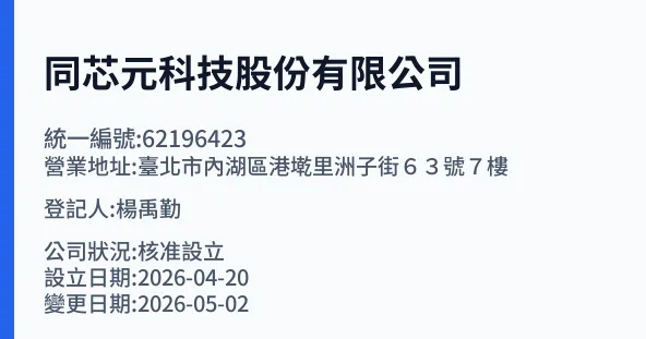 同芯元科技股份有限公司的照片-統編 62196423(臺北市) 公司登記資料與營業項目詳細圖表