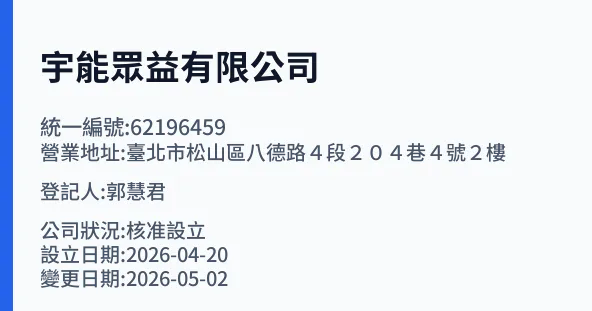 宇能眾益有限公司的照片-統編 62196459(臺北市) 公司登記資料與營業項目詳細圖表