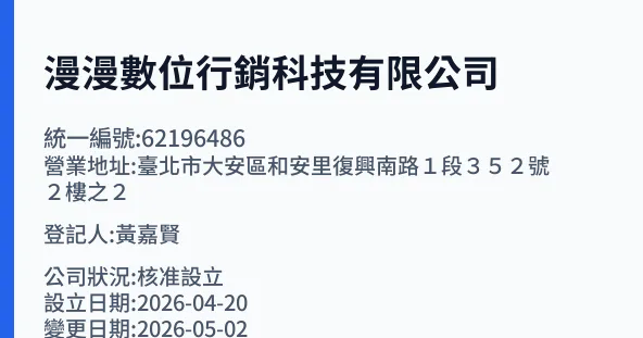 漫漫數位行銷科技有限公司的照片-統編 62196486(臺北市) 公司登記資料與營業項目詳細圖表