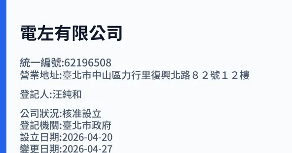 電左有限公司的照片-統編 62196508(臺北市) 公司登記資料與營業項目詳細圖表