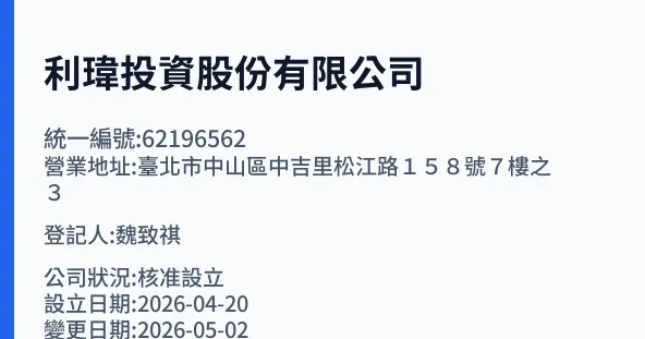 利瑋投資股份有限公司的照片-統編 62196562(臺北市) 公司登記資料與營業項目詳細圖表