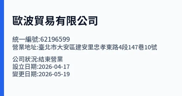 歐波貿易有限公司的照片-統編 62196599(臺北市) 公司登記資料與營業項目詳細圖表