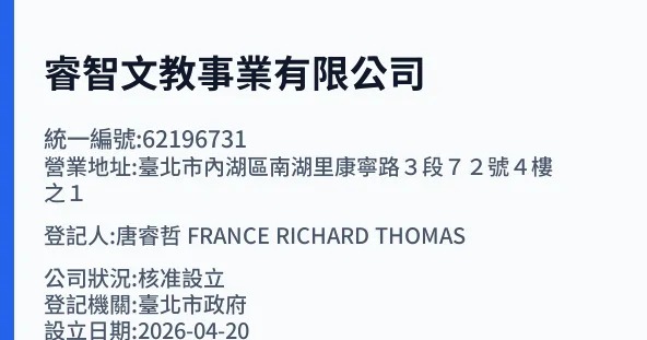 睿智文教事業有限公司的照片-統編 62196731(臺北市) 公司登記資料與營業項目詳細圖表