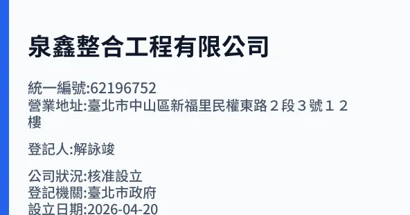 泉鑫整合工程有限公司的照片-統編 62196752(臺北市) 公司登記資料與營業項目詳細圖表