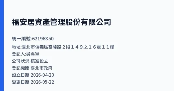 福安居資產管理股份有限公司的照片-統編 62196850(臺北市) 公司登記資料與營業項目詳細圖表