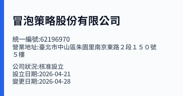 冒泡策略股份有限公司的照片-統編 62196970(臺北市) 公司登記資料與營業項目詳細圖表