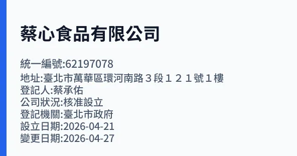 蔡心食品有限公司的照片-統編 62197078(臺北市) 公司登記資料與營業項目詳細圖表