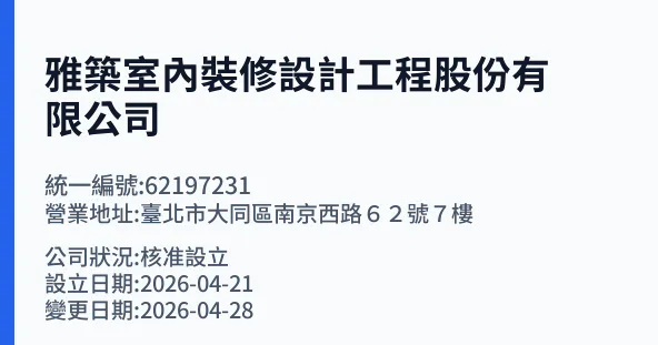 雅築室內裝修設計工程股份有限公司的照片-統編 62197231(臺北市) 公司登記資料與營業項目詳細圖表
