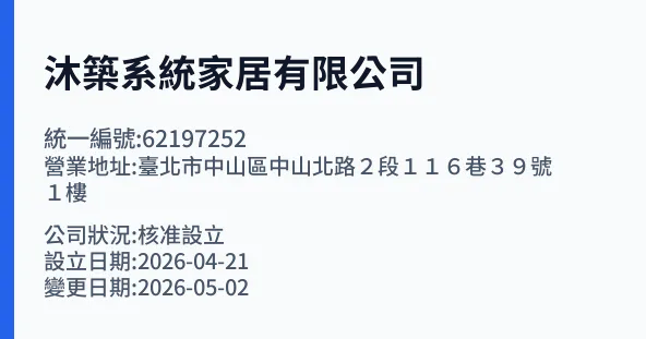 沐築系統家居有限公司的照片-統編 62197252(臺北市) 公司登記資料與營業項目詳細圖表