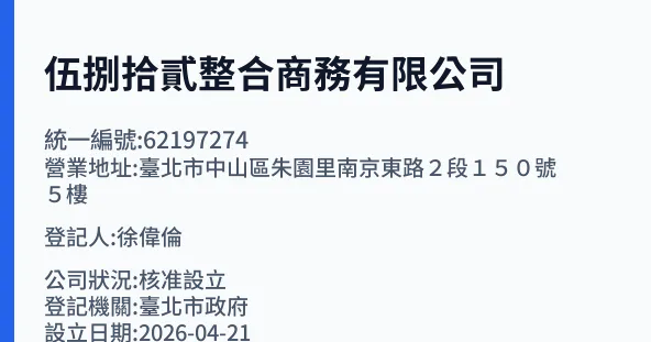 伍捌拾貳整合商務有限公司的照片-統編 62197274(臺北市) 公司登記資料與營業項目詳細圖表