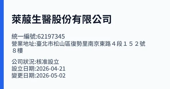 萊菔生醫股份有限公司的照片-統編 62197345(臺北市) 公司登記資料與營業項目詳細圖表