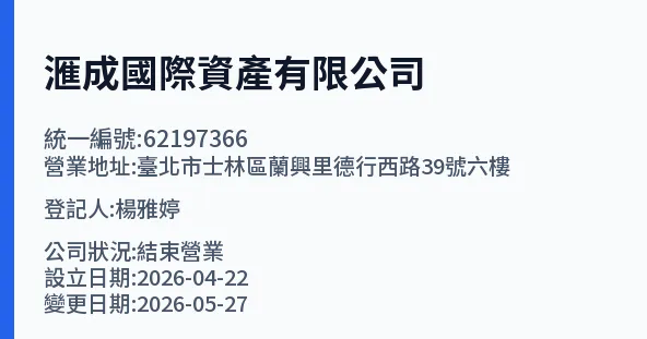 滙成國際資產有限公司的照片-統編 62197366 公司登記資料與營業項目詳細圖表