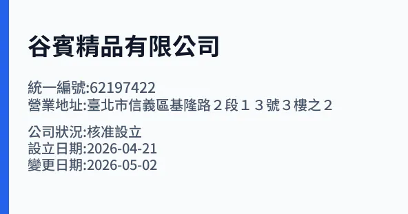 谷賓精品有限公司的照片-統編 62197422(臺北市) 公司登記資料與營業項目詳細圖表