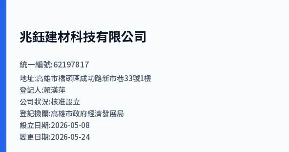 兆鈺建材科技有限公司的照片-統編 62197817(高雄市) 公司登記資料與營業項目詳細圖表