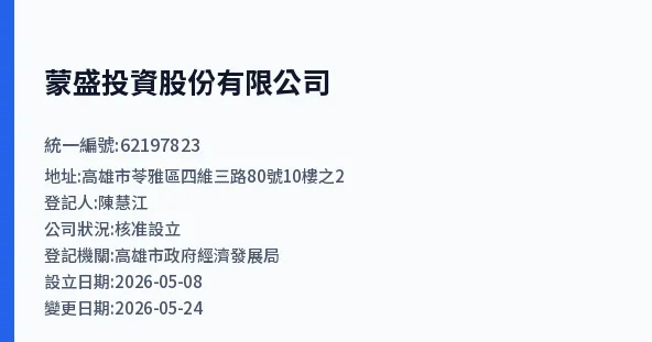 蒙盛投資股份有限公司的照片-統編 62197823(高雄市) 公司登記資料與營業項目詳細圖表