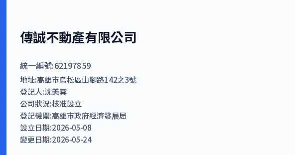 傳誠不動產有限公司的照片-統編 62197859(高雄市) 公司登記資料與營業項目詳細圖表