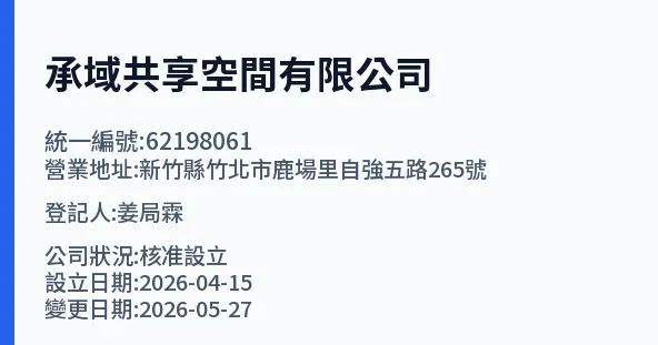 承域共享空間有限公司的照片-統編 62198061(新竹縣) 公司登記資料與營業項目詳細圖表