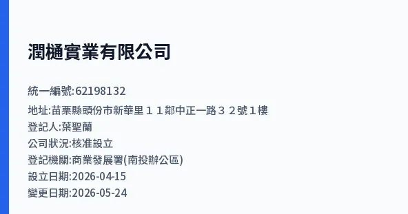 潤樋實業有限公司的照片-統編 62198132(苗栗縣) 公司登記資料與營業項目詳細圖表