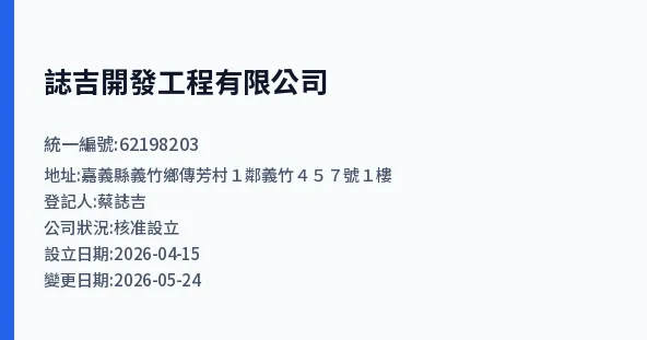 誌吉開發工程有限公司的照片-統編 62198203(嘉義縣) 公司登記資料與營業項目詳細圖表