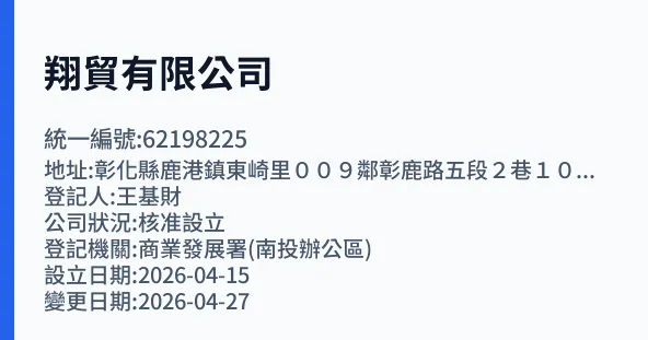 翔貿有限公司的照片-統編 62198225(彰化縣) 公司登記資料與營業項目詳細圖表