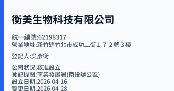 衡美生物科技有限公司的照片-統編 62198317(新竹縣) 公司登記資料與營業項目詳細圖表