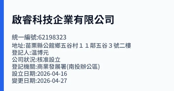 啟睿科技企業有限公司的照片-統編 62198323(苗栗縣) 公司登記資料與營業項目詳細圖表