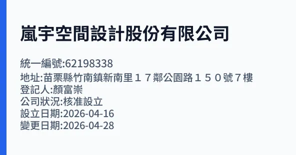 嵐宇空間設計股份有限公司的照片-統編 62198338(苗栗縣) 公司登記資料與營業項目詳細圖表