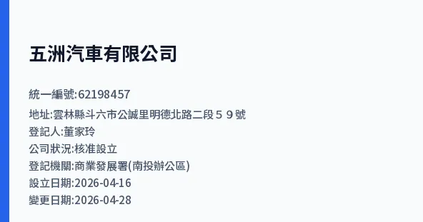 五洲汽車有限公司的照片-統編 62198457(雲林縣) 公司登記資料與營業項目詳細圖表