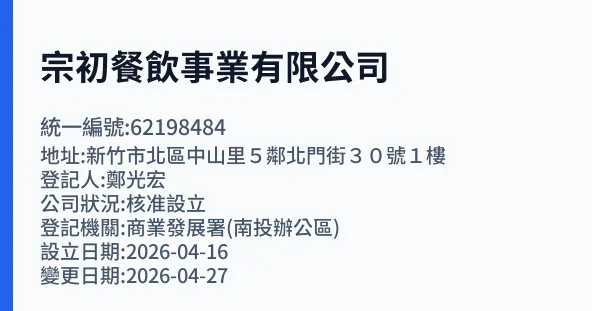 宗初餐飲事業有限公司的照片-統編 62198484(新竹市) 公司登記資料與營業項目詳細圖表