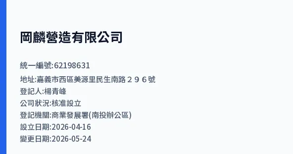 岡麟營造有限公司的照片-統編 62198631(嘉義市) 公司登記資料與營業項目詳細圖表