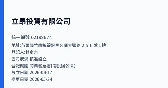立昂投資有限公司的照片-統編 62198674(苗栗縣) 公司登記資料與營業項目詳細圖表