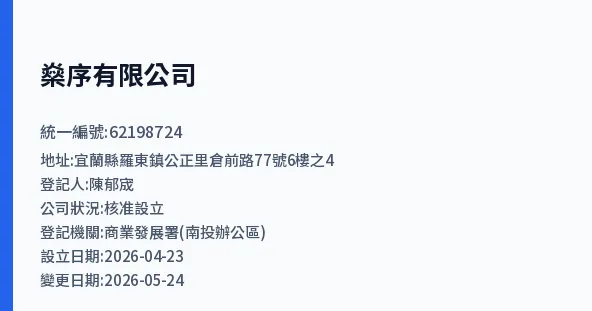 燊序有限公司的照片-統編 62198724(宜蘭縣) 公司登記資料與營業項目詳細圖表