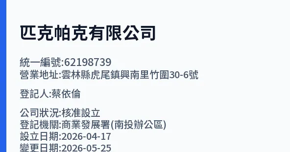 匹克帕克有限公司的照片-統編 62198739(雲林縣) 公司登記資料與營業項目詳細圖表